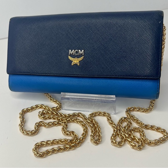 MCM | Bags | Mcm Two Tone Blue Leather Long Wallet On Gold Chain Clean ...